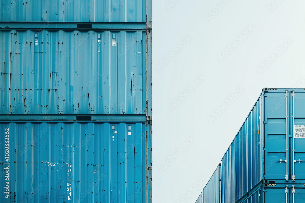 Stacked Blue Shipping Containers Against Clear Sky. A detailed view of ...