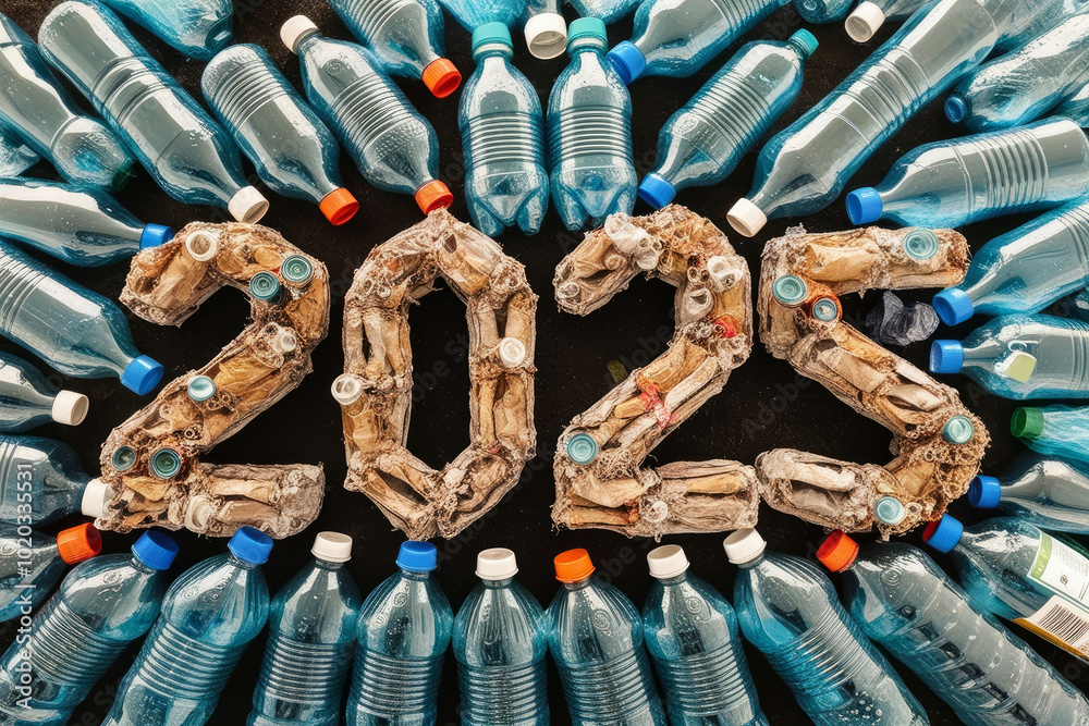 Numbers 2025 made from recycled plastic bottlesand wastes. Concept of ...