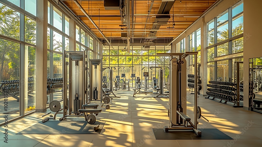 Modern gym with an open view of the free weight area, strength machines ...