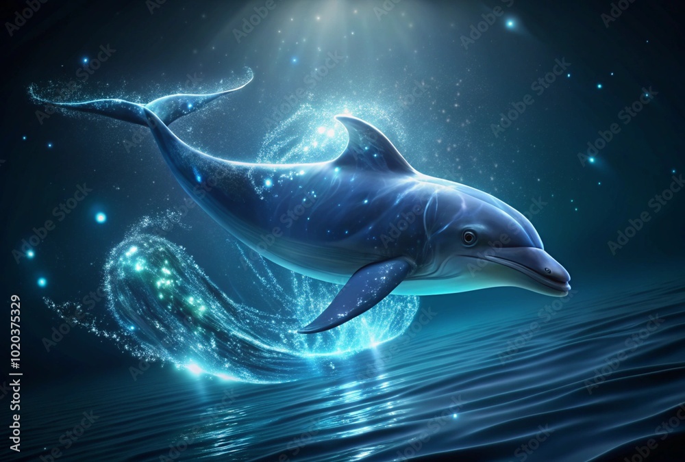 Illustrate bioluminescent plankton glowing in the water as a dolphin swims through, creating a ...