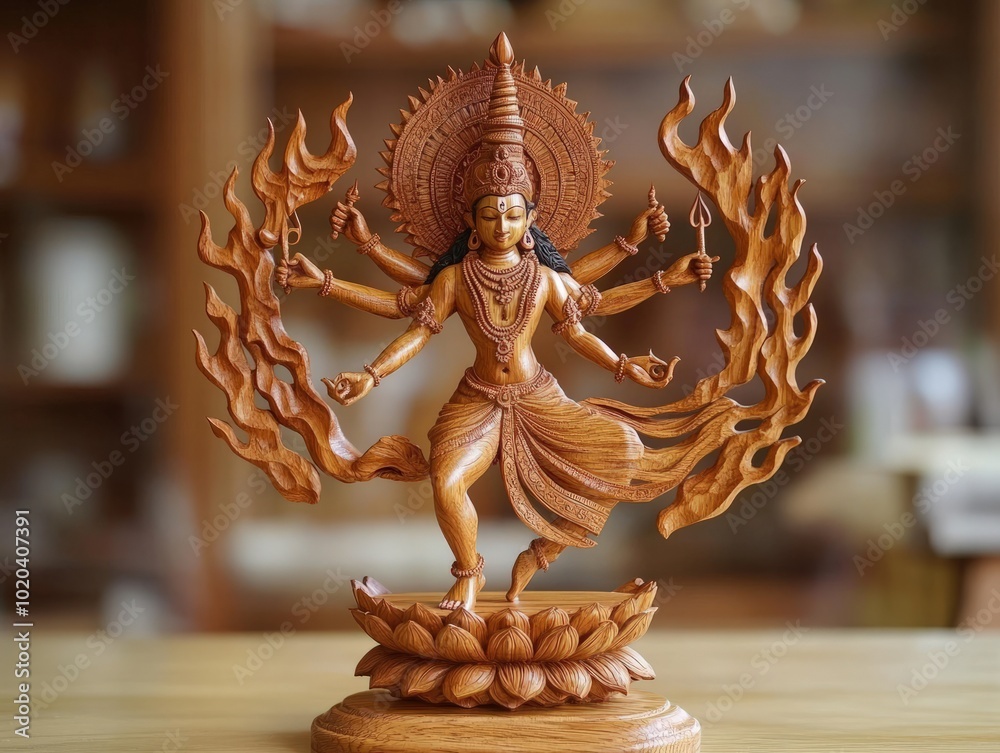 A hand-carved wooden depiction of Lord Shiva as Nataraja, performing ...