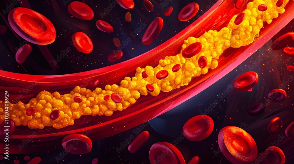 Illustration of blood vessels with red blood cells and fat deposits ...