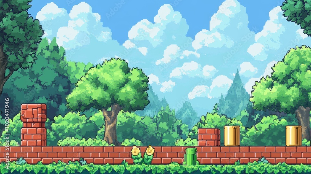 Pixel art game background with level up button. Retro game design ...
