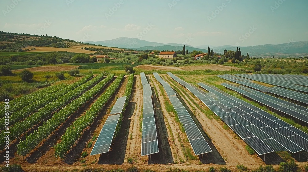 Foto de Stock solar panels integrated with crops for dual-use farming ...