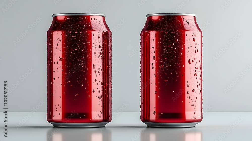 Two shiny red soda cans with condensation, standing side by side ...