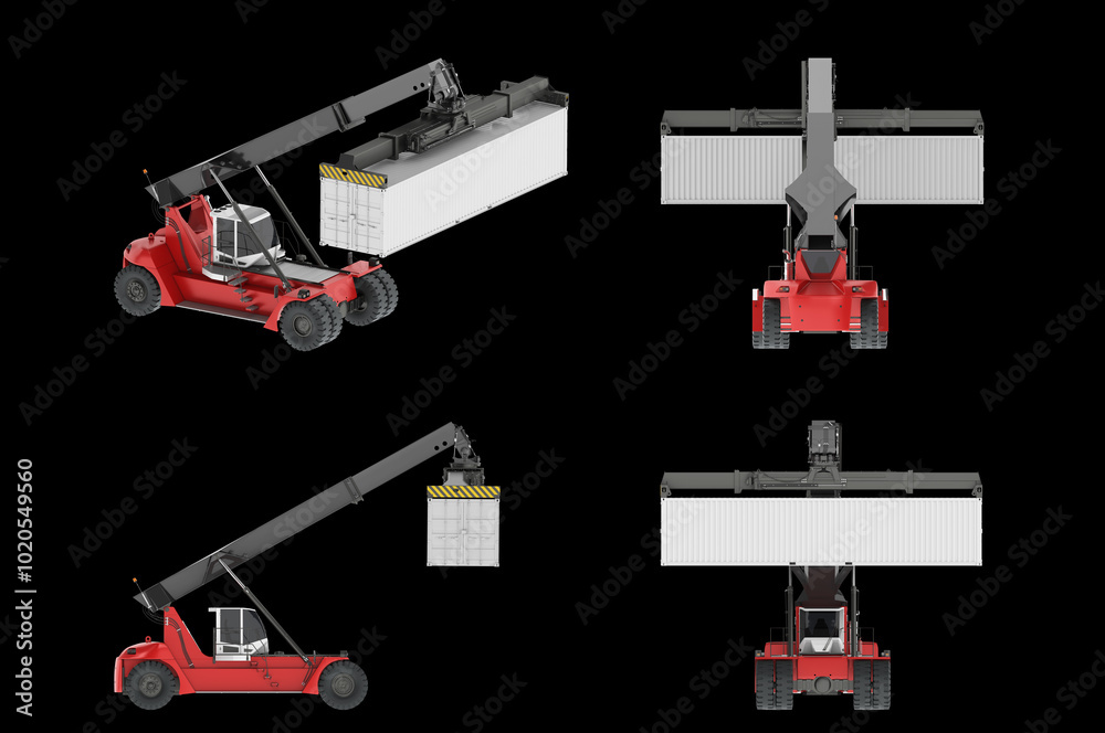 A set of views of reach stacker. The red reach stacker (loader) lifts ...