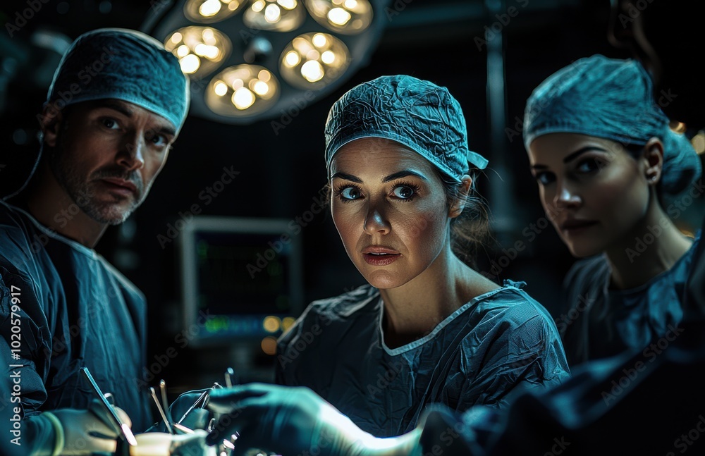 Team of three surgeons performing a complex surgical procedure in an ...