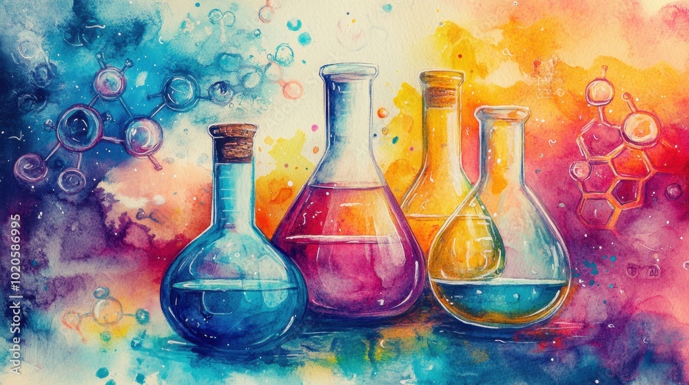 Playful watercolor scene of floating flasks and vibrant, splashing ...