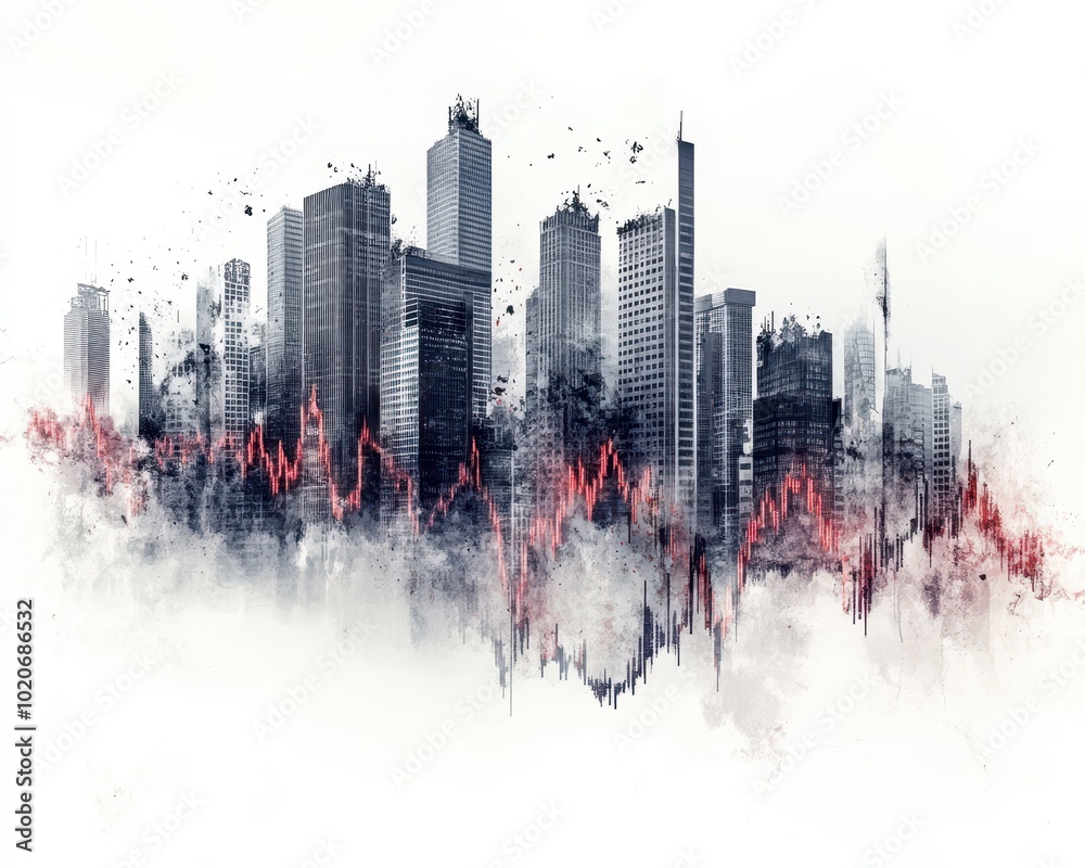 Crumbling financial district with a massive falling stock chart as the ...