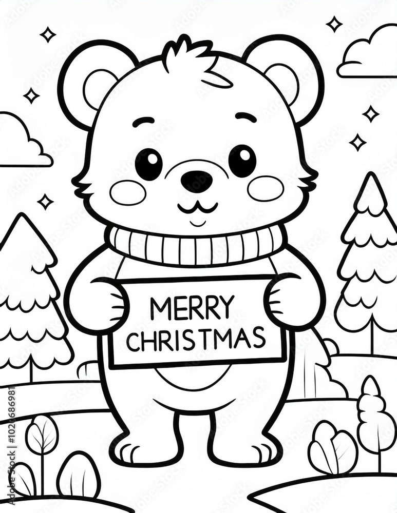 cute bear with merry christmas sign coloring page. you can print it on ...