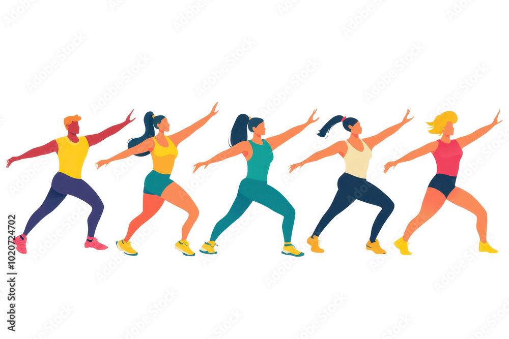 Colorful vector illustration of group exercise class with diverse ...