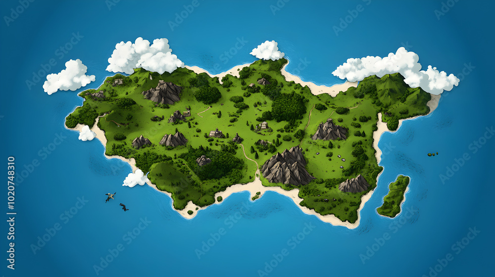 An illustrated map of a fantasy island with various landmarks. Fantasy ...