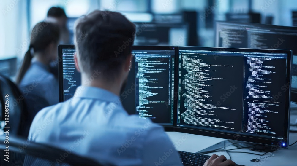A focused programmer analyzes code on dual monitors in a modern office setting, highlighting the ...