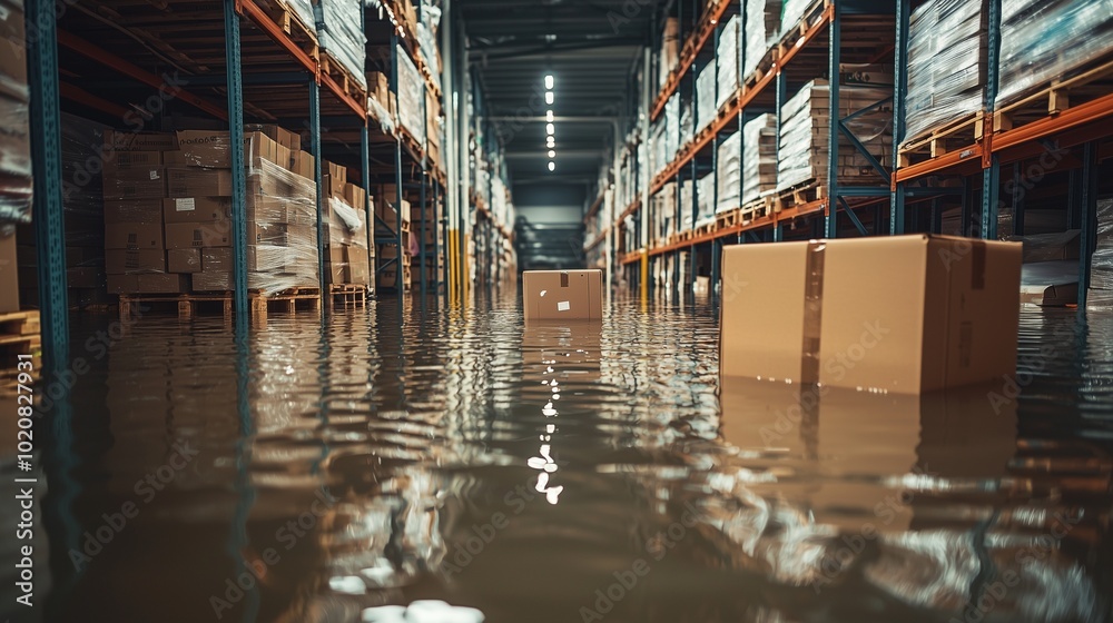 Flooded warehouse with submerged boxes, highlighting flood risk and ...