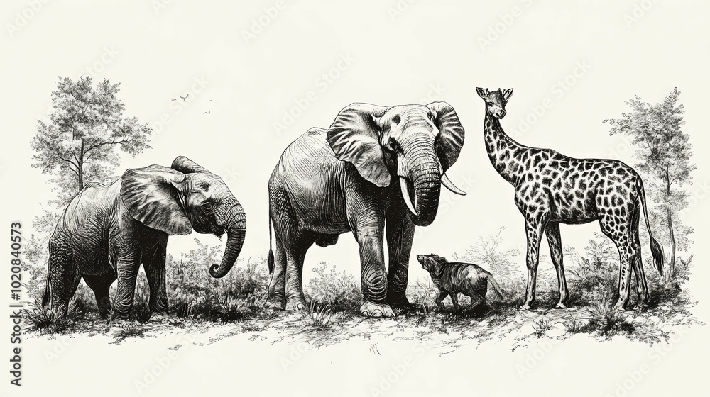 Black and white pen and ink drawing of elephants, a giraffe, and a wild ...
