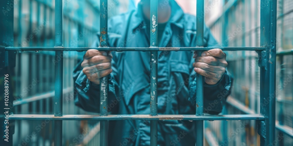 Inmate in a prison uniform, standing behind bars in a correctional ...