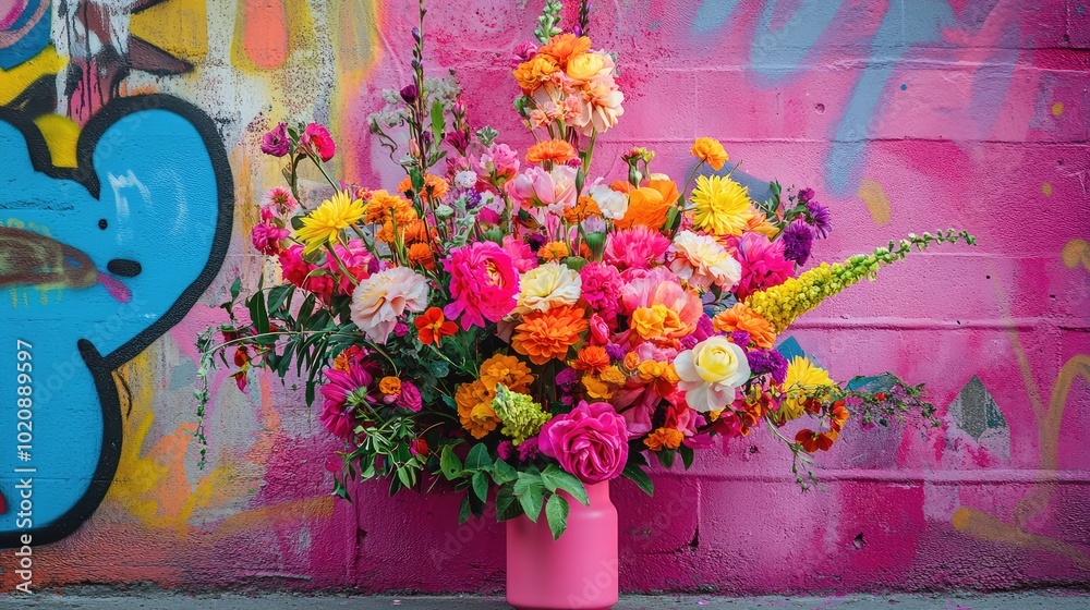 A creative arrangement of flowers with neon accents, placed against a ...