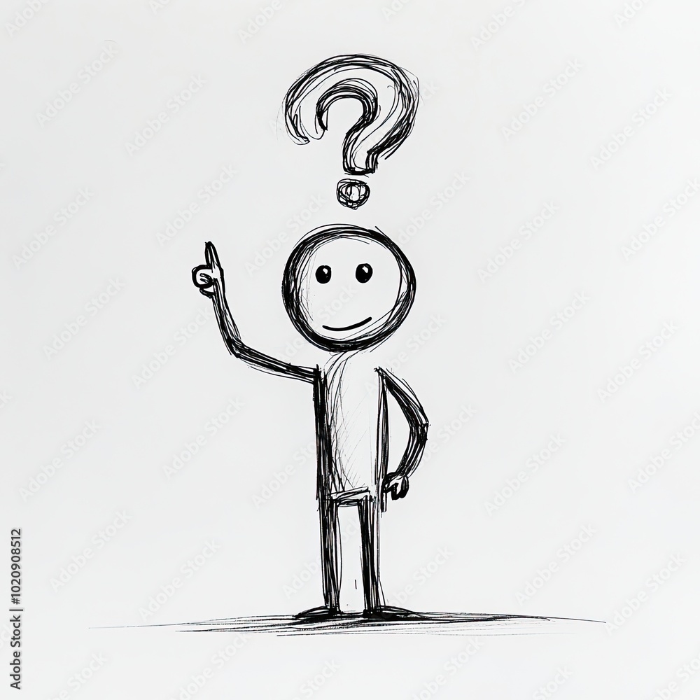 Question mark doodle, sketch art, black and white drawing, stick figure ...