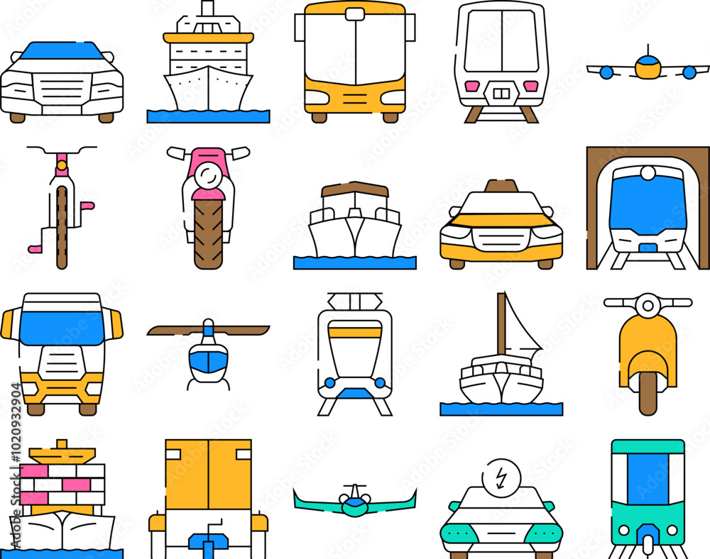 transport transportation car icons set vector. train vehicle, bus plane ...