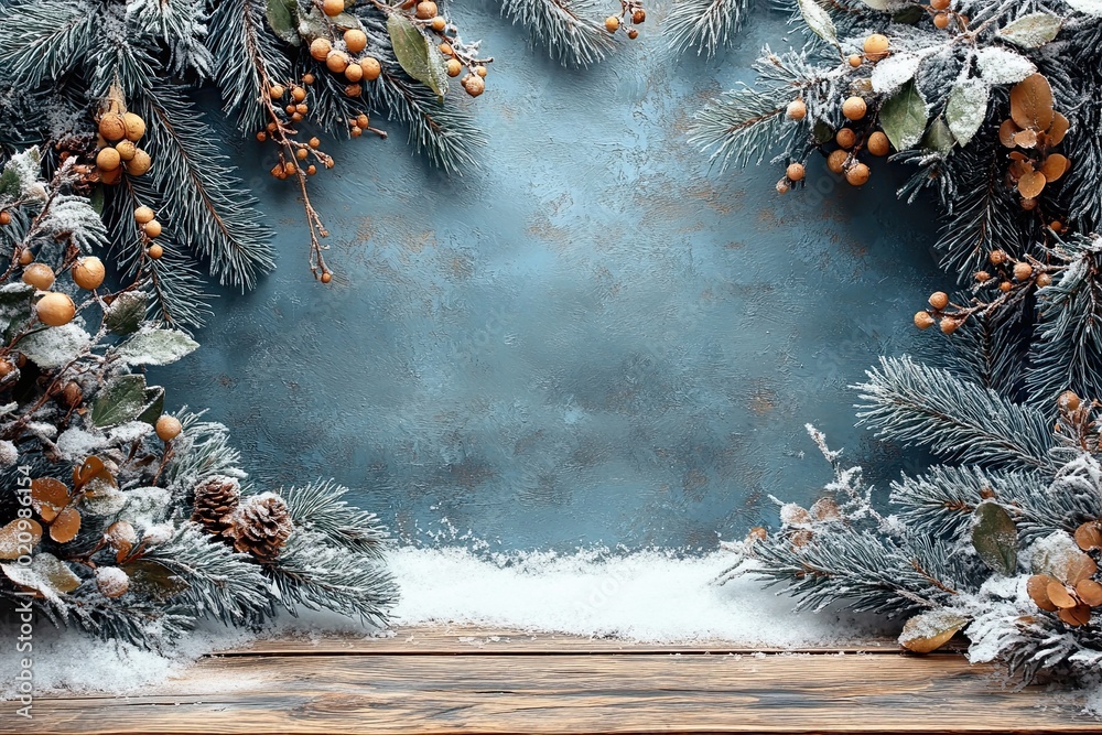Winter snowy background with wooden podium for product display ...