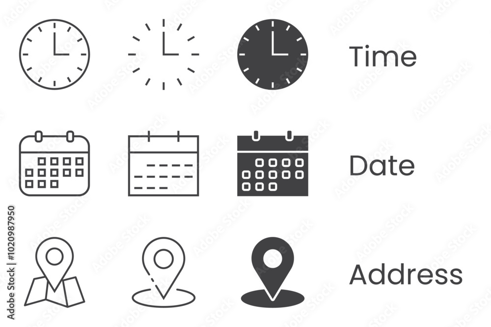 Time, Date and Address Icon Set. Clock, Map location Pin, and Calendar Symbols. Editable Line ...