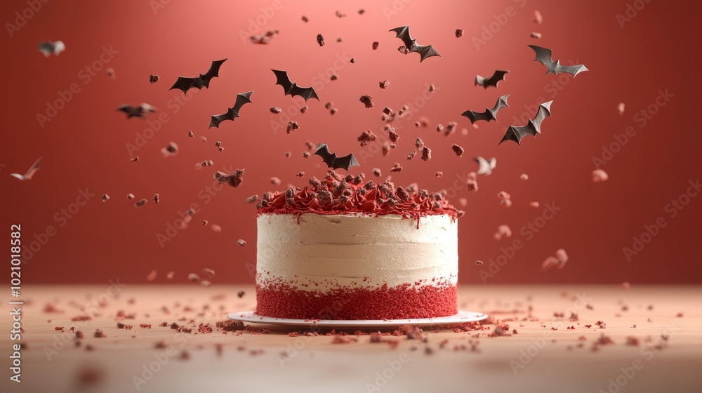Blood-red velvet cake with dark chocolate bats flying around, 3D ...