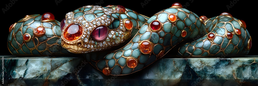 Ornate gilded and bejeweled snake,a symbol of prosperity and wealth ...