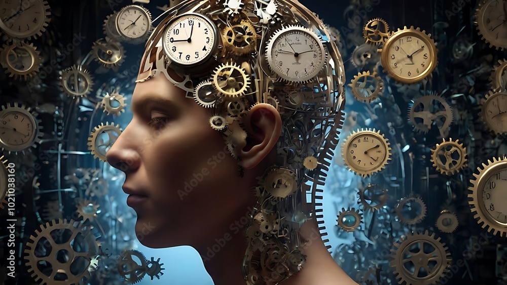 A human head surrounded by floating clocks and gears, representing ...