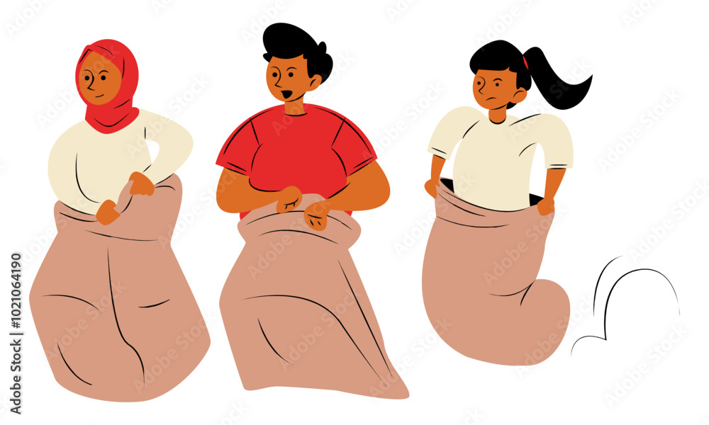 Sack race aka balap karung. Lomba balap karung in Indonesia independence game. Colored HD ...