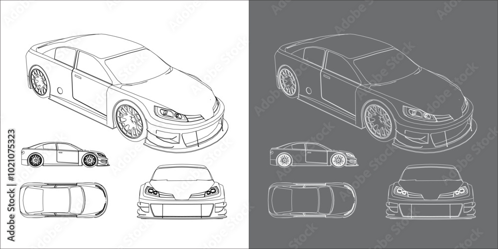 vector drift car line art draw blueprint wireframe from all view top ...
