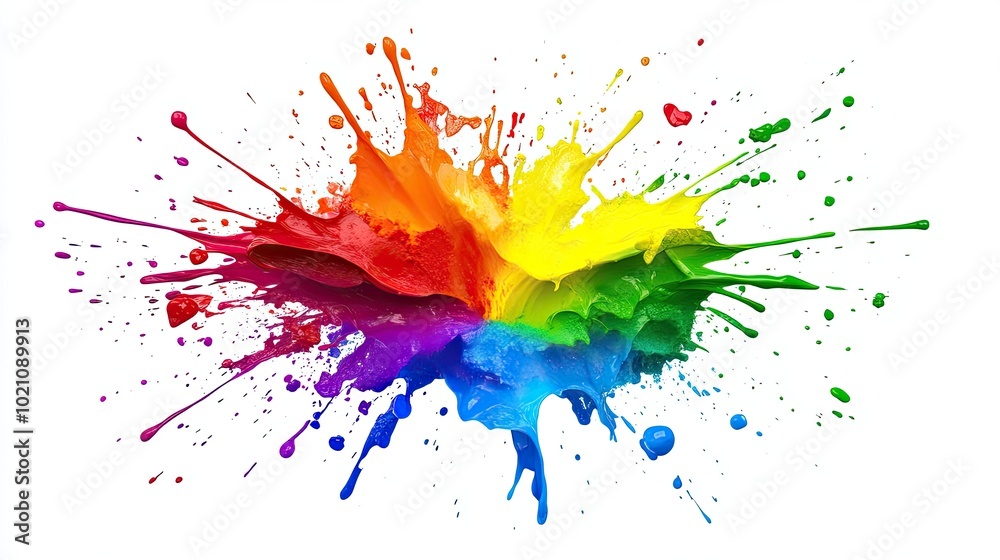 Radiant explosion of rainbow paint with vivid splatters spreading ...
