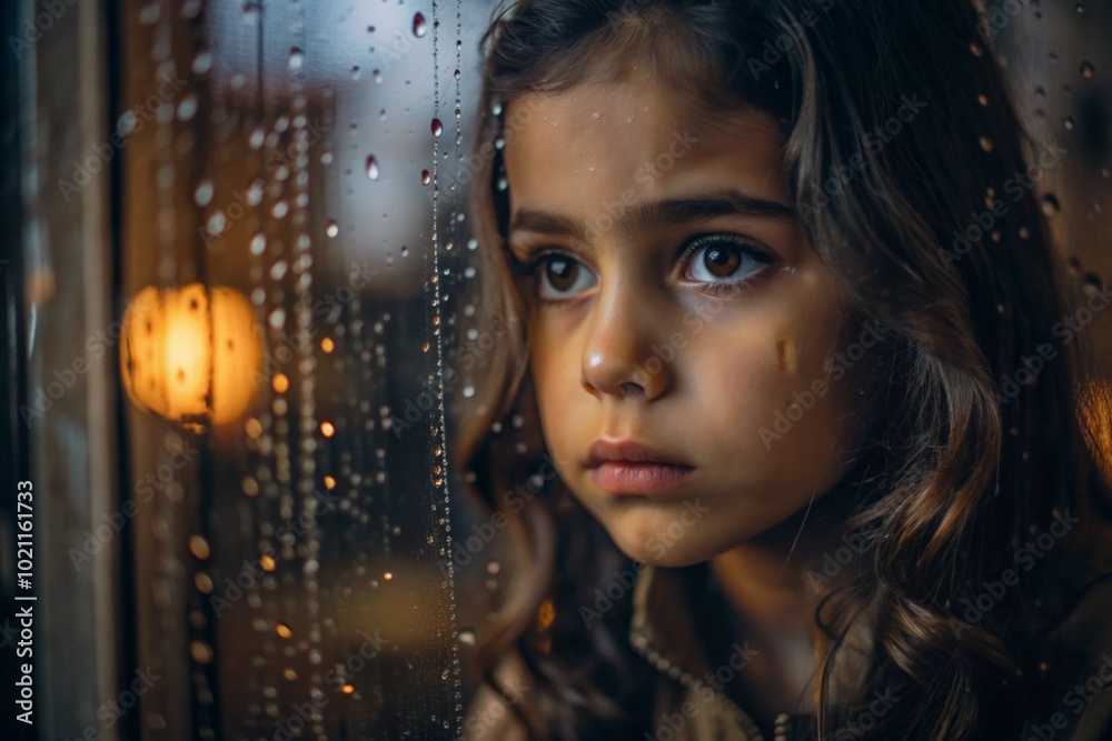 A teenage girl with a sad face alone by the window. It's raining ...