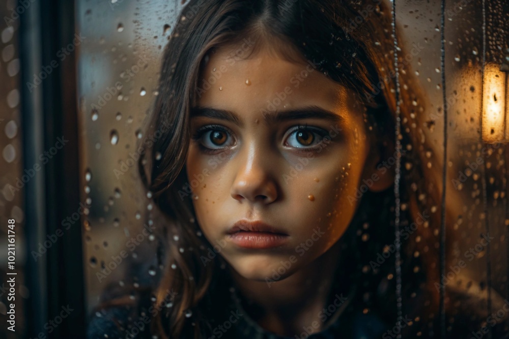 A teenage girl with a sad face alone by the window. It's raining ...