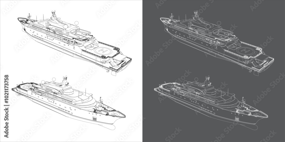 vector yacht blueprints. superyacht technical drawing in isolated ...