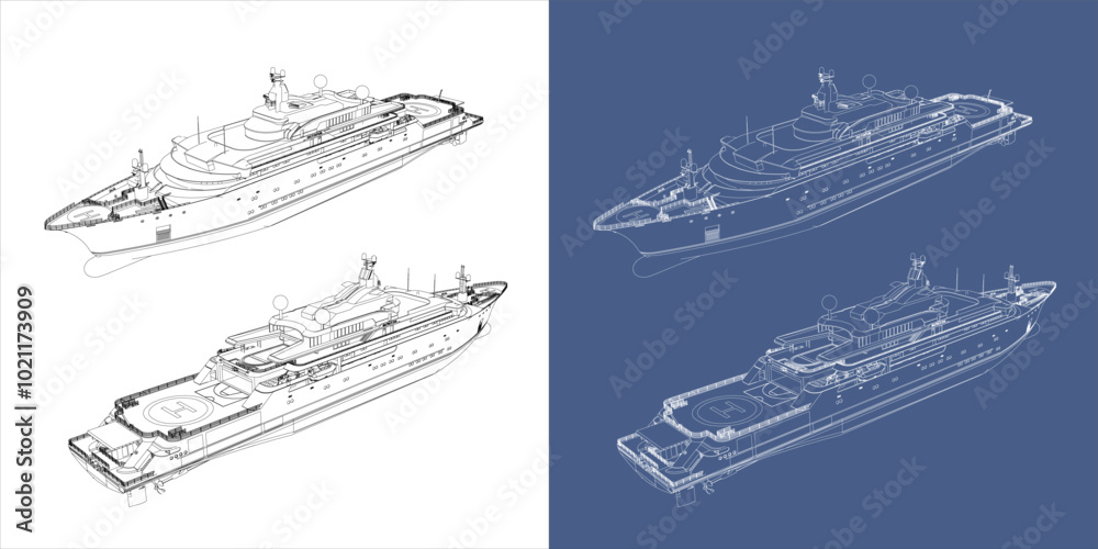 vector superyacht technical drawings. line super yacht blueprints in ...