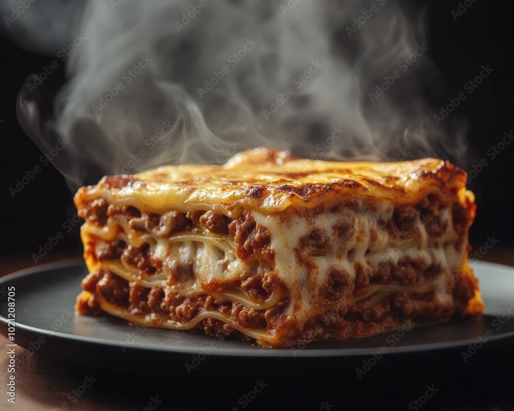 Steaming hot lasagna with layers of pasta, meat, and melted cheese on a ...