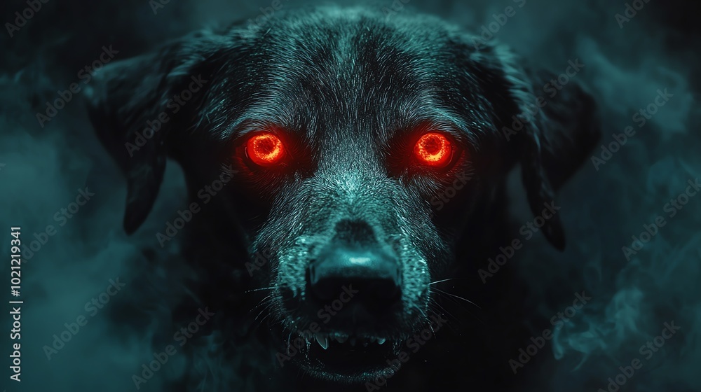 Symptomatic rabid dog isolated in a dark background, with glowing red ...