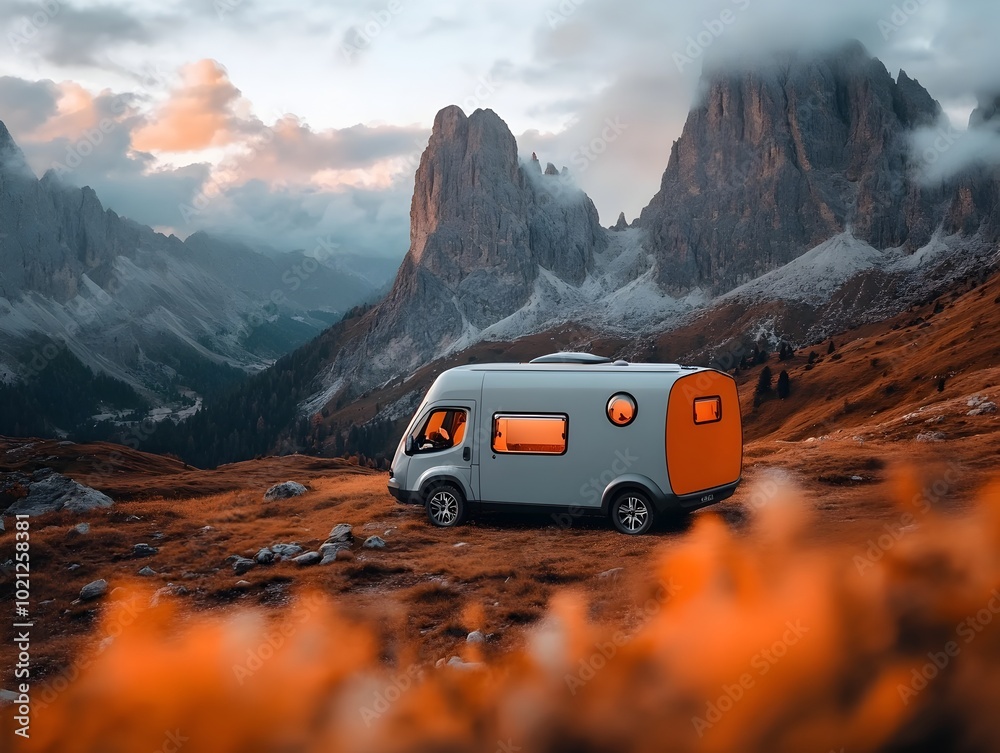 A modern minimalist camper van nestled amidst rolling hills and ...