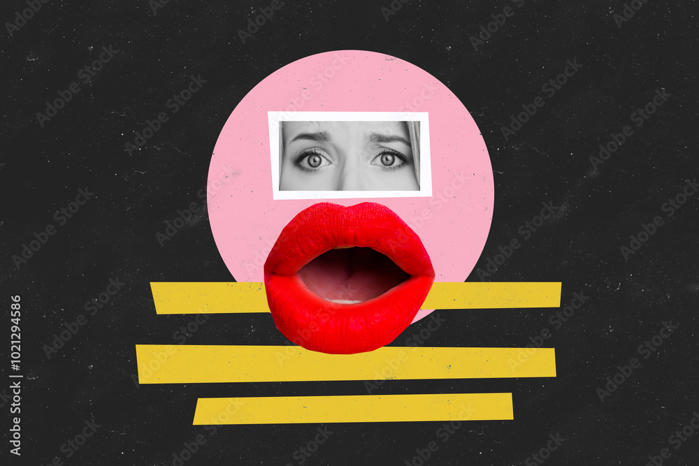 Composite photo collage of shocked girl half face confused eyes part ...