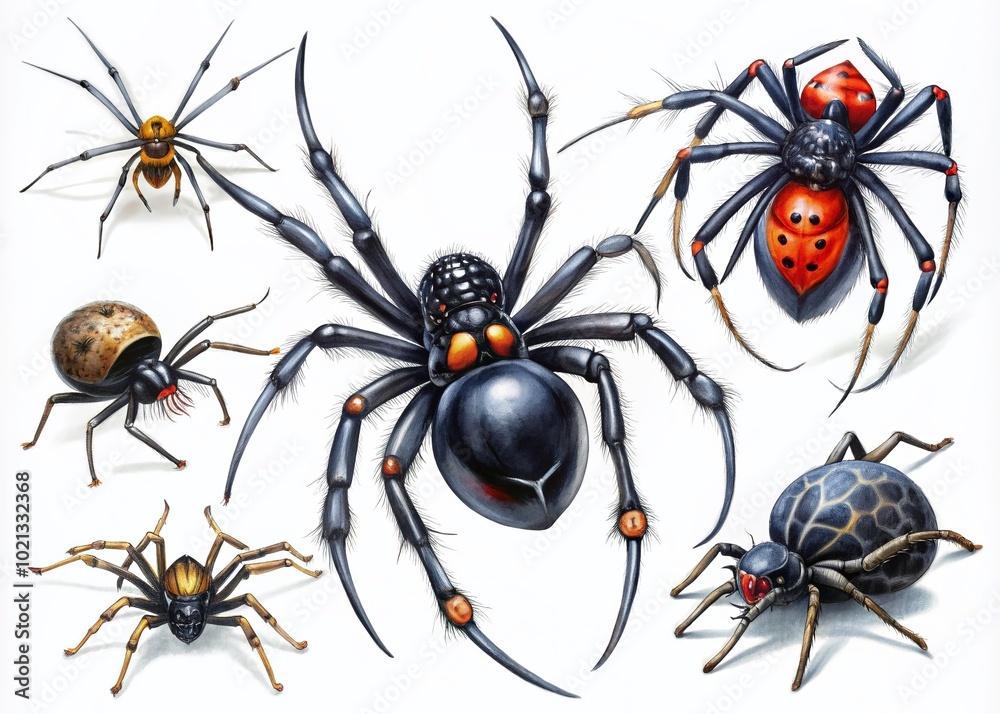 Detailed Drawings of Black Widow Spiders in Various Poses and ...