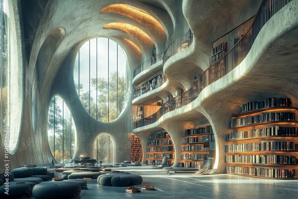 A stunning futuristic library featuring flowing, curved architecture ...