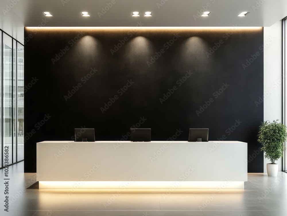 A sleek black wall behind a white reception desk with minimalist ...