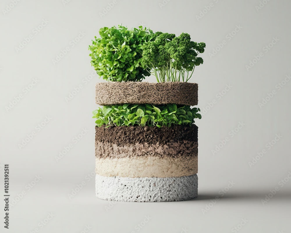 Ilustración de Stock Detailed render of a 3D-printed farm, growing food in synthetic soil layers ...
