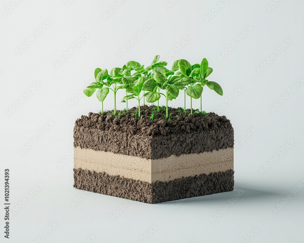 Detailed render of a 3D-printed farm, growing food in synthetic soil layers, food technology, 3D ...