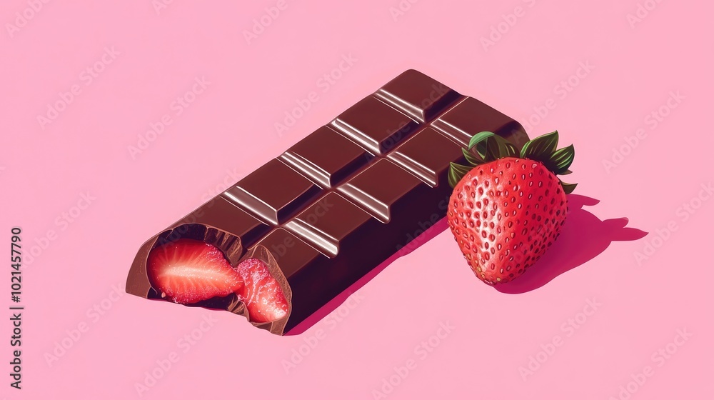 2D cartoon style illustration of a bitten chocolate bar with strawberry ...