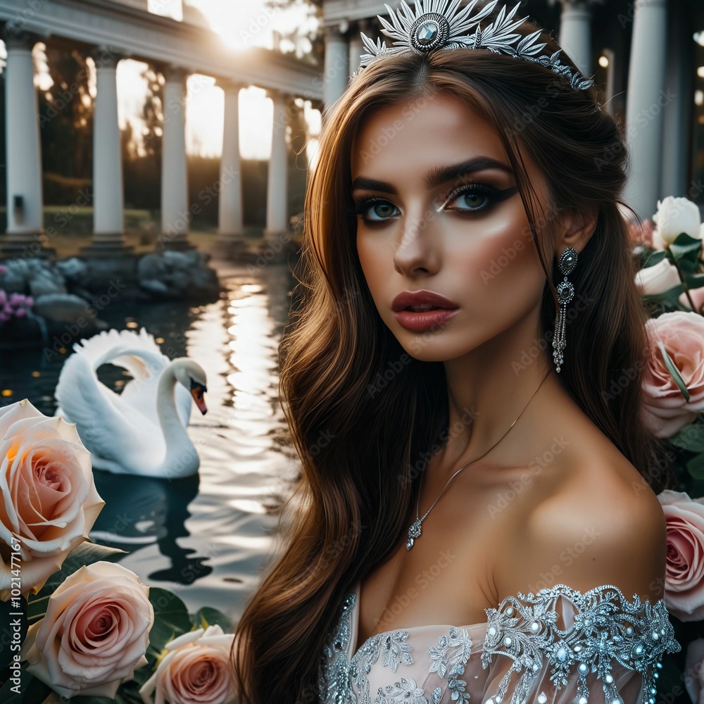 Aphrodite the goddess of beauty, desire, pleasure, passion, procreation and love. Garden with ...