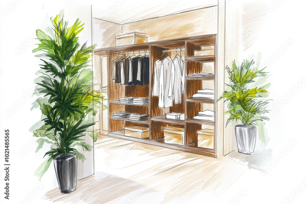 Elegant walk in closet illustration with indoor plants for modern ...