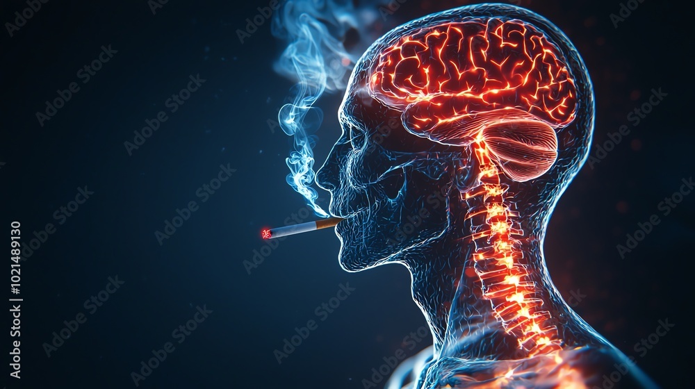 Smoking and its effects on the human brain illustrated with glowing ...