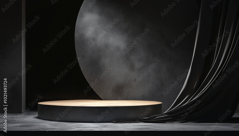 Minimalistic stage setup with a circular platform and dramatic curtains ...