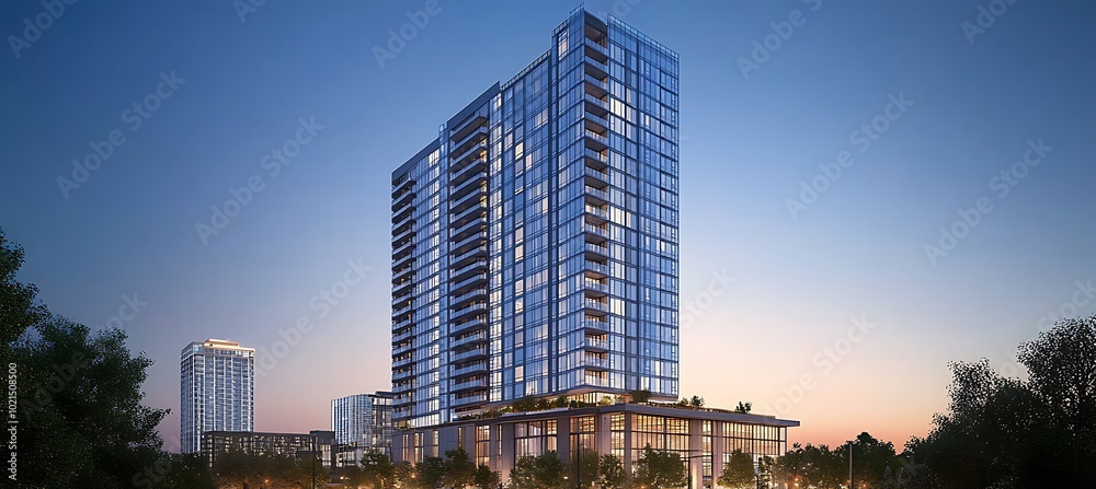 A sleek, high-rise residential building with a glass exterior, rooftop ...